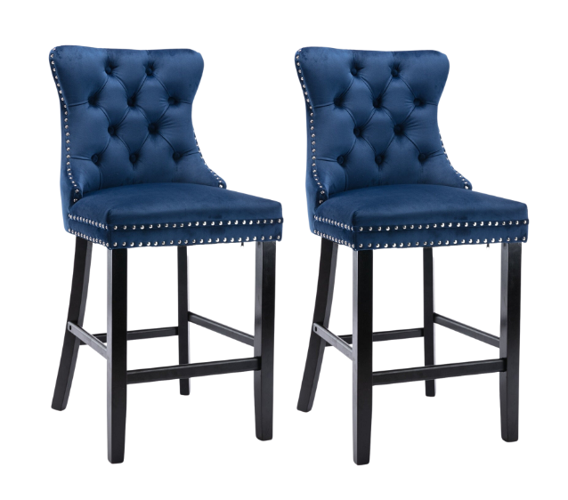 2X Velvet Blue Bar Stools with Studs Trim Wooden Legs Tufted Dining Ch ...